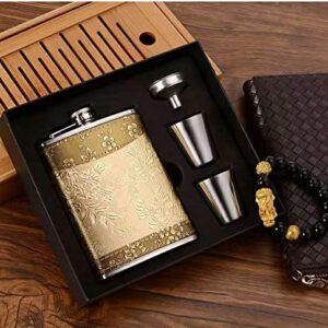 Golden pattern 8 Oz Gift 100% Stainless Steel(304/18-8 SS).Bonus 2 Shot Glass+1Funnel+1Giftbox.Flask Leak Proof Tested.Flask for Liquor/Alcohol.Flask for Men/Women