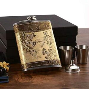 Golden pattern 8 Oz Gift 100% Stainless Steel(304/18-8 SS).Bonus 2 Shot Glass+1Funnel+1Giftbox.Flask Leak Proof Tested.Flask for Liquor/Alcohol.Flask for Men/Women