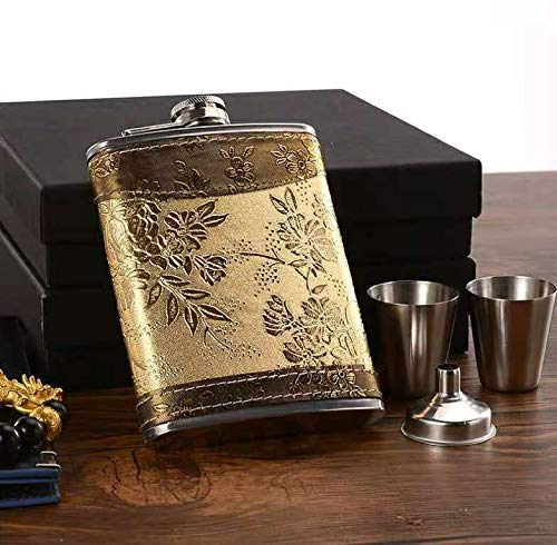 Golden pattern 8 Oz Gift 100% Stainless Steel(304/18-8 SS).Bonus 2 Shot Glass+1Funnel+1Giftbox.Flask Leak Proof Tested.Flask for Liquor/Alcohol.Flask for Men/Women