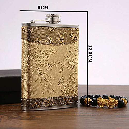 Golden pattern 8 Oz Gift 100% Stainless Steel(304/18-8 SS).Bonus 2 Shot Glass+1Funnel+1Giftbox.Flask Leak Proof Tested.Flask for Liquor/Alcohol.Flask for Men/Women