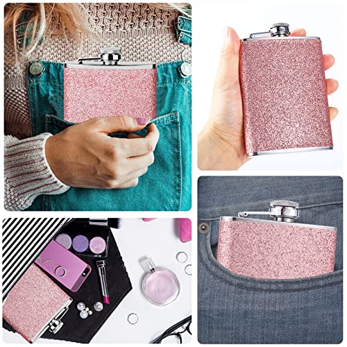 Pink Flasks for Liquor for Women 8OZ - Girls Glitter Bling Pocket Decorative Flask with Funnel 18/8 Stainless Steel for Vodka Whisky