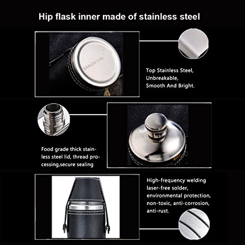 GENNISSY 10 OZ Black Bucket Hip Flask - PU Leather Stainless Steel Men Flasks for Liquor with Funnel and Cups