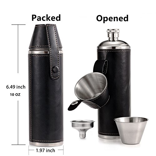 GENNISSY 10 OZ Black Bucket Hip Flask - PU Leather Stainless Steel Men Flasks for Liquor with Funnel and Cups