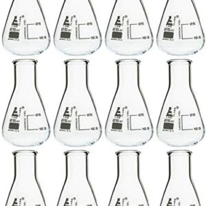 12PK Erlenmeyer Flasks, 25mL - Borosilicate Glass - Narrow Neck Flasks, Conical Flasks, Glass Flasks - Eisco Labs