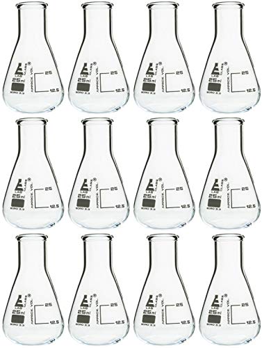 12PK Erlenmeyer Flasks, 25mL - Borosilicate Glass - Narrow Neck Flasks, Conical Flasks, Glass Flasks - Eisco Labs