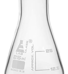 12PK Erlenmeyer Flasks, 25mL - Borosilicate Glass - Narrow Neck Flasks, Conical Flasks, Glass Flasks - Eisco Labs