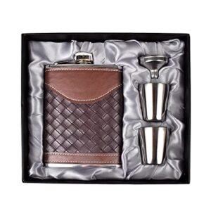 hip flasks for men 8oz leather flask gift set,lhd home 304 stainless steel flask set w/funnel shot glasses lovely gift for whiskey rum groomsman best man usher wedding camping-leather stripe black8oz