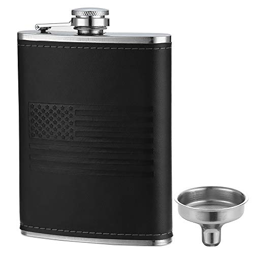 YFS Whiskey Flask With American Flag for Liquor and Funnel, 8 Oz Leak Proof Stainless Steel Pocket Hip Flask with Soft Touch Leather Cover, Black Flask for Men