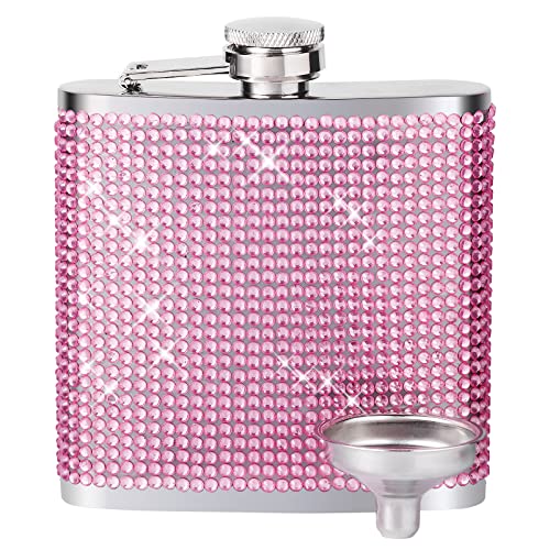 Flasks for Liquor for Women Pink Diamond,6 Oz Rhinestones Stainless Steel Hip Flask Leakproof with Funnel,Never-Lose Cap Flask