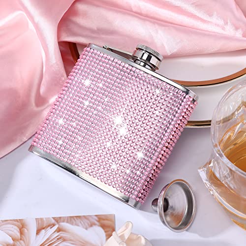 Flasks for Liquor for Women Pink Diamond,6 Oz Rhinestones Stainless Steel Hip Flask Leakproof with Funnel,Never-Lose Cap Flask