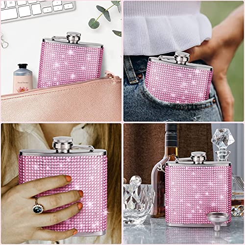 Flasks for Liquor for Women Pink Diamond,6 Oz Rhinestones Stainless Steel Hip Flask Leakproof with Funnel,Never-Lose Cap Flask