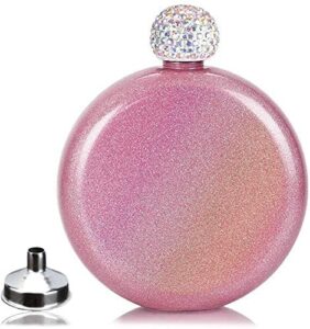 cute liquor flask for women, junya 304 stainless steel,pretty glitter coating whiskey flasks,shining rhinestone cap,portable wine flask for drink bar bbqs and traveling,capacity 5 oz (pink)