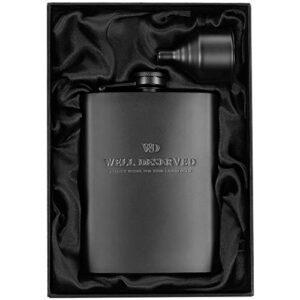 matte black flask 8 oz + black funnel + black canvas pouch. gift set, classy packaging. engraved well-deserved. stainless steel hip flask for liquor for men