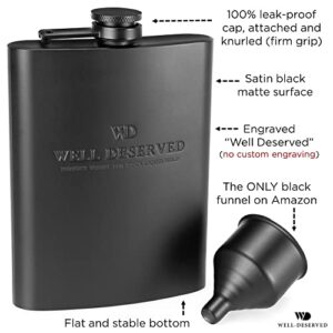 Matte Black Flask 8 oz + Black Funnel + Black Canvas Pouch. Gift Set, Classy Packaging. Engraved Well-Deserved. Stainless Steel Hip Flask For Liquor For Men