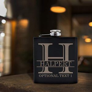 Personalized Engraved 6oz Black Stainless Steel Flask - Metal Hip Pocket Discreet Flask – Custom Groomsmen Gifts – Liquor Whiskey Gifts for Men Women, Etched Halpert