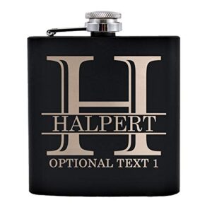 personalized engraved 6oz black stainless steel flask – metal hip pocket discreet flask – custom groomsmen gifts – liquor whiskey gifts for men women, etched halpert