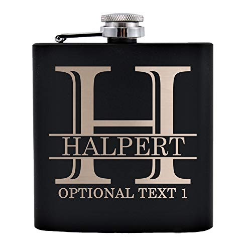 Personalized Engraved 6oz Black Stainless Steel Flask - Metal Hip Pocket Discreet Flask – Custom Groomsmen Gifts – Liquor Whiskey Gifts for Men Women, Etched Halpert