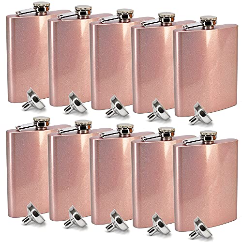 Clear Water Home Goods - 8 oz Rose Gold Holographic Glitter Sparkle Stainless Steel Hip Flask w/ Funnel - Wedding Party - Groomsman - Bridesmaid (10 Pack)