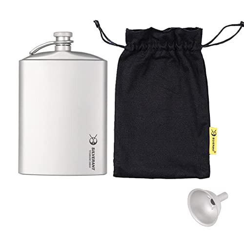 SILVERANT Titanium Hip Flask 248ml/8.73 fl oz, Ultralight Portable Leakproof Pocket Flask Flagon With Screw Cap Clip, Drawstring Cloth Case & Pouring Funnel