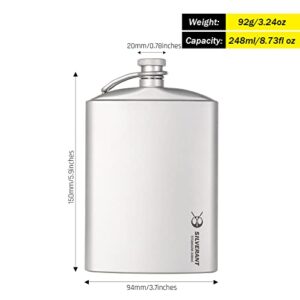 SILVERANT Titanium Hip Flask 248ml/8.73 fl oz, Ultralight Portable Leakproof Pocket Flask Flagon With Screw Cap Clip, Drawstring Cloth Case & Pouring Funnel