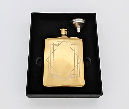 Alchemade Etched Stainless Steel Brass Flask With Funnel Gift Set - 6oz Pocket Flask For Liquor Is Perfect For Tequila, Rum, Gin, Vodka Or Whiskey - Pocket Flask For Spirits On The Go