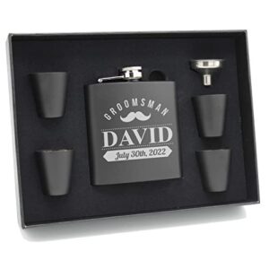 personalized black matte flask set – wedding groomsmen – custom engraved and monogrammed