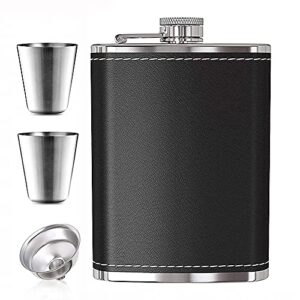 hip flask for liquor black leather flask 8 oz 18/8 stainless steel soft touch leather wrap flask gift set with 2 cups & funnel 100% leak proof whiskey & rum & vodka flasks for men women (lain weave)