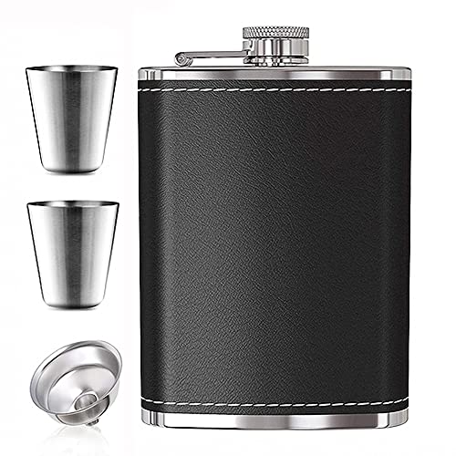 Hip Flask for Liquor Black Leather Flask 8 Oz 18/8 Stainless Steel Soft Touch Leather Wrap Flask Gift Set with 2 Cups & Funnel 100% Leak Proof Whiskey & Rum & Vodka Flasks for Men Women (Lain Weave)