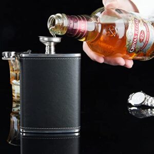 Hip Flask for Liquor Black Leather Flask 8 Oz 18/8 Stainless Steel Soft Touch Leather Wrap Flask Gift Set with 2 Cups & Funnel 100% Leak Proof Whiskey & Rum & Vodka Flasks for Men Women (Lain Weave)