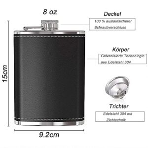 Hip Flask for Liquor Black Leather Flask 8 Oz 18/8 Stainless Steel Soft Touch Leather Wrap Flask Gift Set with 2 Cups & Funnel 100% Leak Proof Whiskey & Rum & Vodka Flasks for Men Women (Lain Weave)