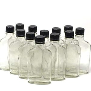 200 ml (6.6 oz) Glass Flask Liquor Bottle with Black Caps (12 Pack)