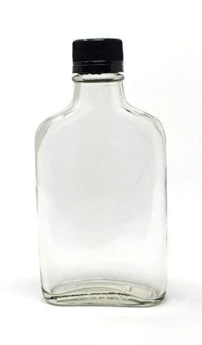 200 ml (6.6 oz) Glass Flask Liquor Bottle with Black Caps (12 Pack)