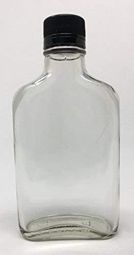 200 ml (6.6 oz) Glass Flask Liquor Bottle with Black Caps (12 Pack)