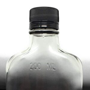 200 ml (6.6 oz) Glass Flask Liquor Bottle with Black Caps (12 Pack)