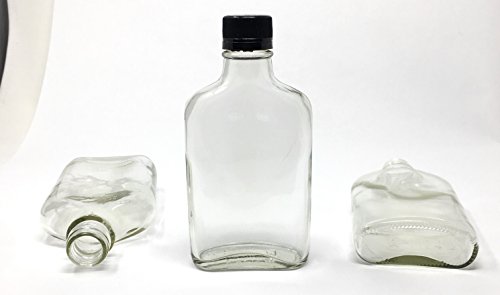 200 ml (6.6 oz) Glass Flask Liquor Bottle with Black Caps (12 Pack)