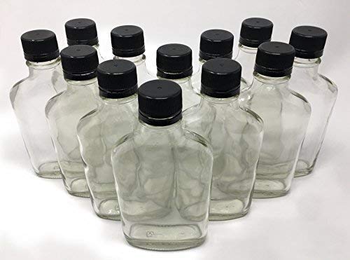 200 ml (6.6 oz) Glass Flask Liquor Bottle with Black Caps (12 Pack)