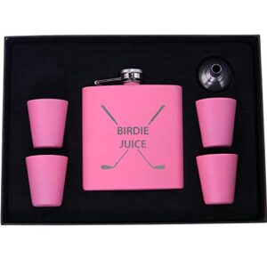 birdie juice flask, funnel, shot glasses, and gift box – golfing birdie juice hip stainless steel metal matte 6-ounce golf bag flask (pink)