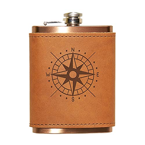 Oowee Products | Compass Leather Wrapped Flask | Box Set | Comes with an 8 Ounce Copper Plated Flask| Genuine Leather | Made in the USA