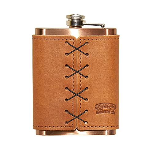 Oowee Products | Compass Leather Wrapped Flask | Box Set | Comes with an 8 Ounce Copper Plated Flask| Genuine Leather | Made in the USA