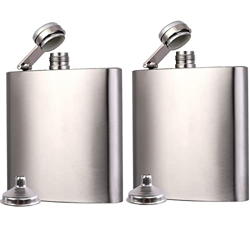 Hip Flask for Liquor 2PCS Silver Thin Flasks 6oz Stainless Steel Leakproof with 2 pcs Funnel for Gift, Camping, Wedding Party