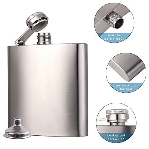 Hip Flask for Liquor 2PCS Silver Thin Flasks 6oz Stainless Steel Leakproof with 2 pcs Funnel for Gift, Camping, Wedding Party