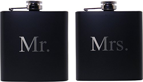 Mr. and Mrs. 6 oz Stainless Steel Black Matte Wedding Flask Set - Great Groommans or Bridal Wedding Gift for Newlyweds, Couples, and Christmas Gifts