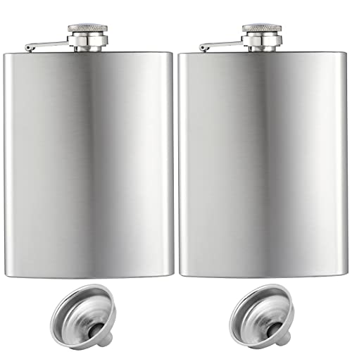 Hip Flasks for Liquor for Men Women 2 pcs 8Oz Silver Stainless Steel Flask with 2 pcs Funnels for Wedding Party Groomsman Bridesmaid Birthdays Gift