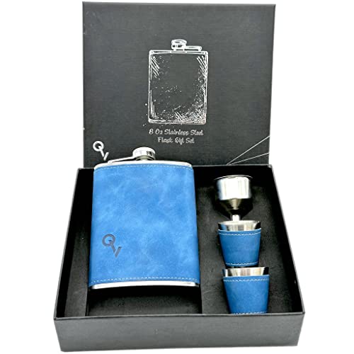 Flask Gift Set With 2 Shots. 8 Oz Hip Flask, Stainless Steel & Stamped Leather Wrapped Style With Gift Box. Christmas Gift For Men, Dad, brother or Groom. (QV BLUE)