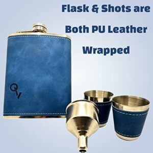 Flask Gift Set With 2 Shots. 8 Oz Hip Flask, Stainless Steel & Stamped Leather Wrapped Style With Gift Box. Christmas Gift For Men, Dad, brother or Groom. (QV BLUE)