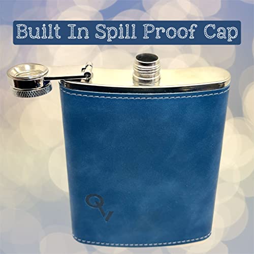 Flask Gift Set With 2 Shots. 8 Oz Hip Flask, Stainless Steel & Stamped Leather Wrapped Style With Gift Box. Christmas Gift For Men, Dad, brother or Groom. (QV BLUE)