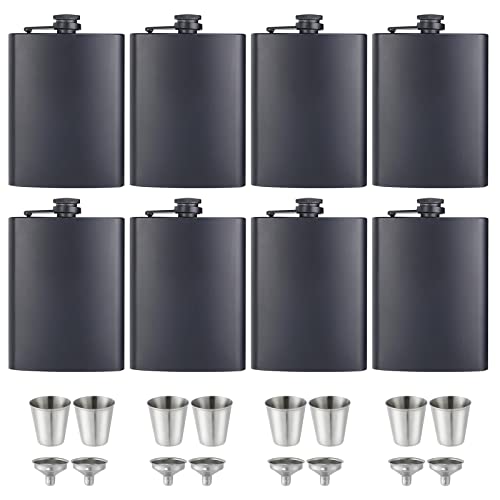 8 Pack Hip Flasks for Liquor Matte Black 8 Oz Stainless Steel Leak-proof Thin Flasks with 8pcs Funnels and Cups for Wedding Party, Groomsman, Bridesmaid, Gift