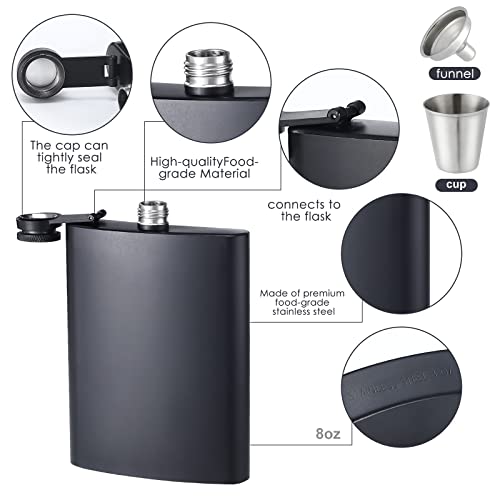 8 Pack Hip Flasks for Liquor Matte Black 8 Oz Stainless Steel Leak-proof Thin Flasks with 8pcs Funnels and Cups for Wedding Party, Groomsman, Bridesmaid, Gift