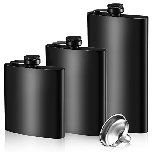 3 Pieces Stainless Steel Hip Flask Set Matte Black Flasks for Men Valentine Gifts Leakproof 6 oz 8 oz 12 oz Flask with 3 Pieces Funnel for Wedding Party