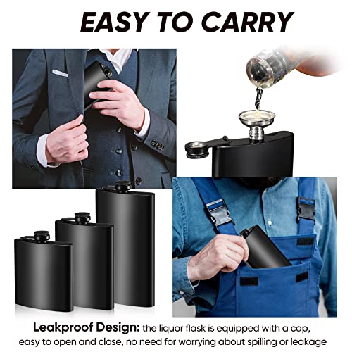 3 Pieces Stainless Steel Hip Flask Set Matte Black Flasks for Men Valentine Gifts Leakproof 6 oz 8 oz 12 oz Flask with 3 Pieces Funnel for Wedding Party